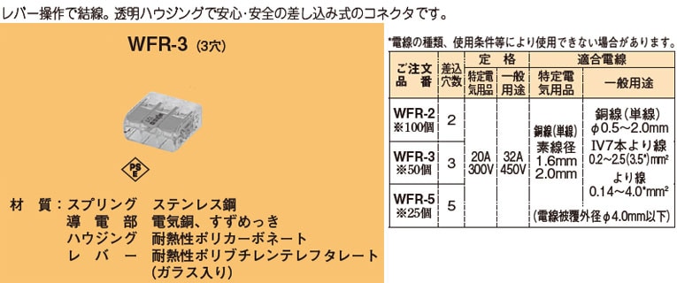 WFR-3 ネグロス コネクタ ワンタッチコネクタ WAGO(ワゴ)(レバータイプ、3穴、50個入) 即配・速配ならプロ向け電材・照明器具オンラインショップのタロトデンキにお任せください。