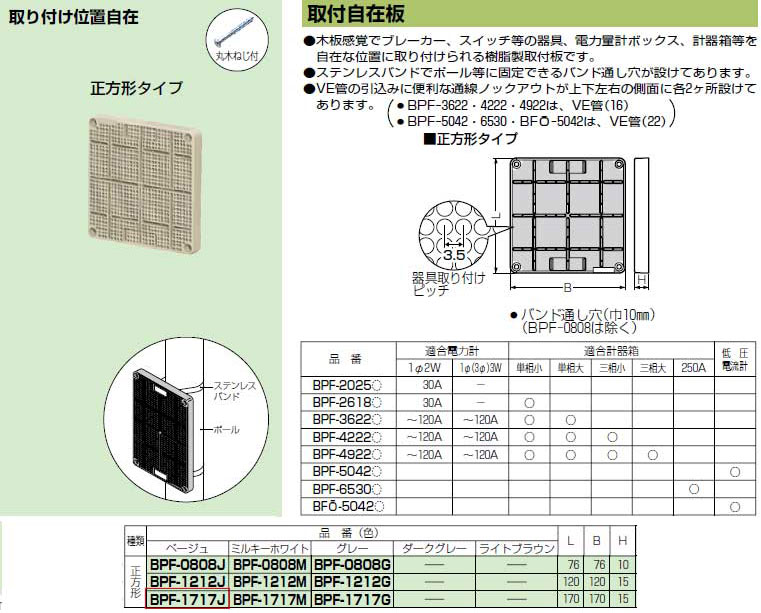 BPF-1717J 未来工業 取付自在板 正方形タイプ(ベージュ) 即配・速配ならプロ向け電材・照明器具オンラインショップのタロトデンキにお任せください。