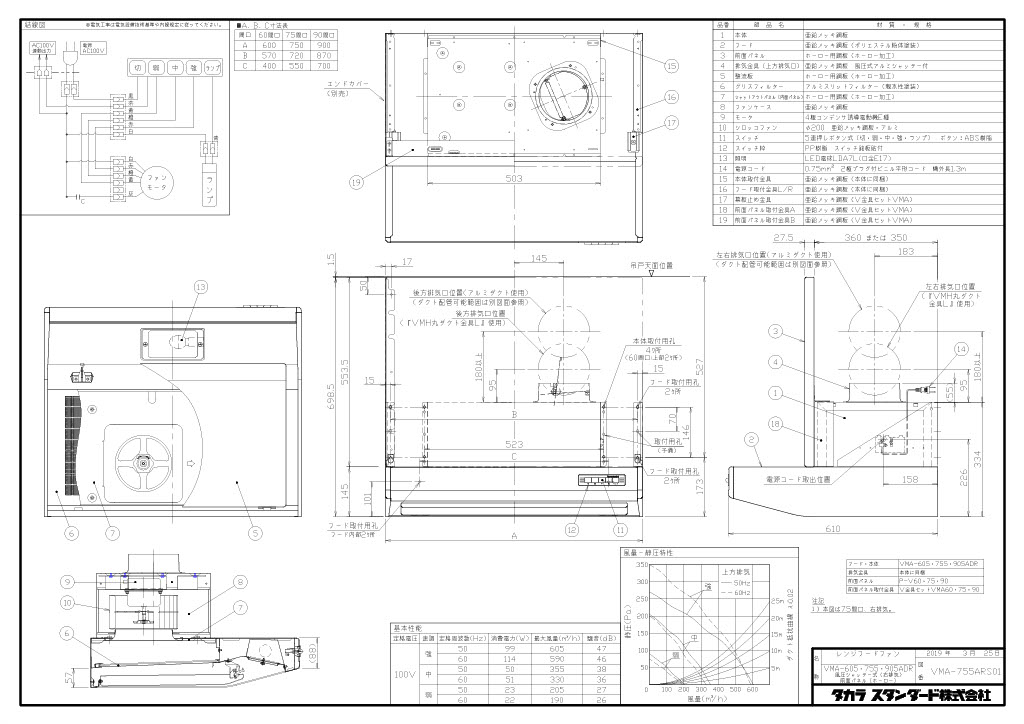 レンジフード タカラスタンダード VMA-605ADL/R(V) 幅60cm シルバー シロッコファン 前面パネル付き | タカラスタンダード ...