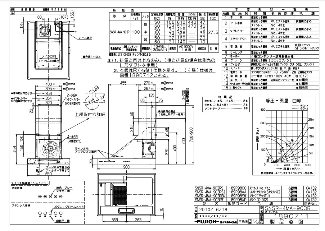 レンジフード 富士工業製（富士工業）SNSR-4MA-903R/LSI シルバーメタリック 間口90cm スタンダード 横壁取付けタイプ ...