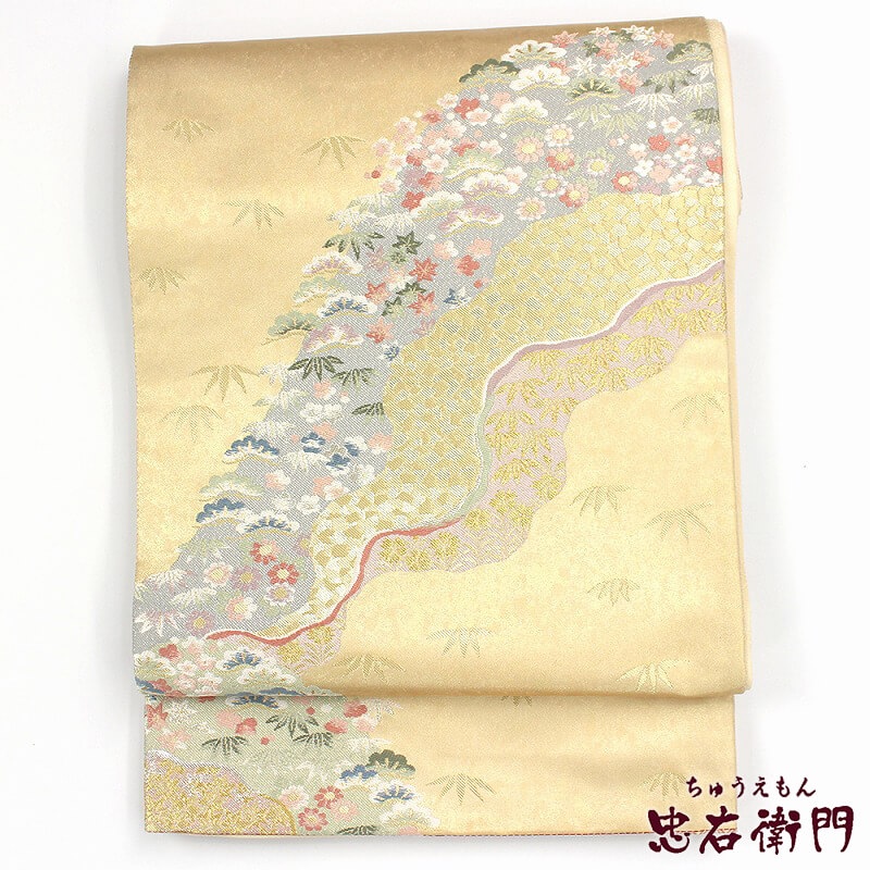【中古】 袋帯 加賀道長竹文様 リサイクル レディース 正絹 金ベージュ 松竹梅 長さ438cm 幅31cm 仕立て上がり帯 フォーマルリサイクル帯 送料無料 あす楽対応 - 帯,袋帯 ...