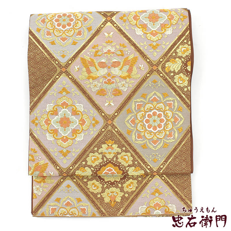 【お買得】 【中古】 袋帯 礼装用 ふくろ帯 リサイクル レディース 正絹 茶金 菱格子 華文 長さ438cm 幅31cm 仕立て上がり帯 リサイクル帯 送料無料 即日発送 - 帯,袋帯 ...