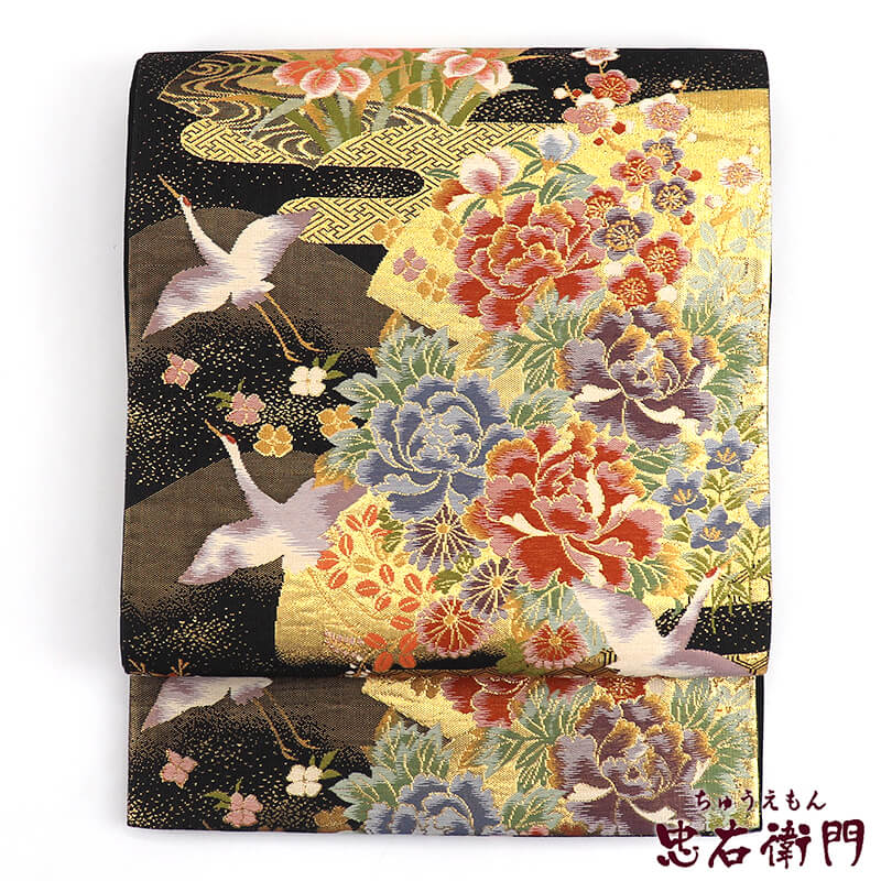 【中古】 袋帯 リサイクル フォーマル レディース 正絹 黒 金 牡丹 地紙 鶴 長さ438cm 幅31cm 仕立て上がり帯 リサイクル帯 送料無料 即日発送 - 帯,袋帯,礼装用袋帯 ...