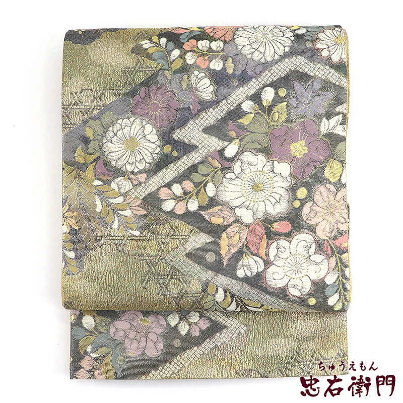 【中古】 袋帯 フォーマル ふくろ帯 リサイクル レディース 正絹 青銀 辻が花 松皮菱 上品 長さ438cm 幅31cm 仕立て上がり帯 リサイクル帯 送料無料 即日発送 - 帯,袋帯,礼 ...