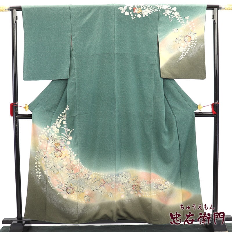 中古】 訪問着 袷 レディース 正絹 緑 辻が花 たたき染め風 身丈162.5