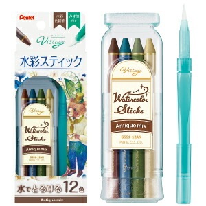 ぺんてるヴィスタージュ水彩スティック12色セットアンティークミックス水筆スリムタイプ付き｜上野文具公式オンラインショップ