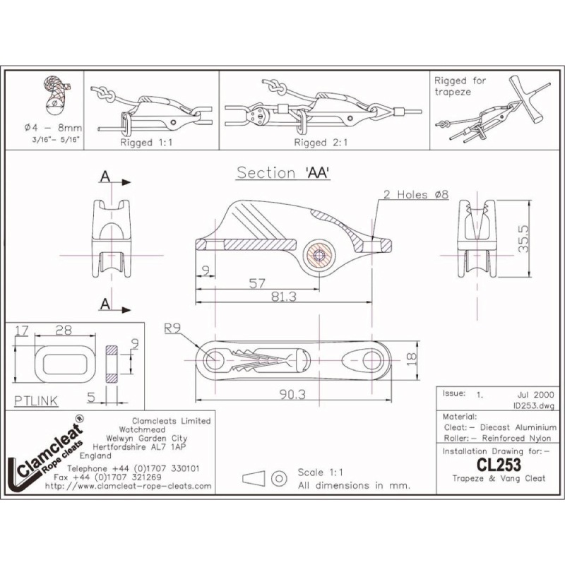 【ユニマットマリン｜クリート・クロスビット通販】クラムクリート トラピーズ & ヴァングクリート CL253 / アルミ ロープ固定
