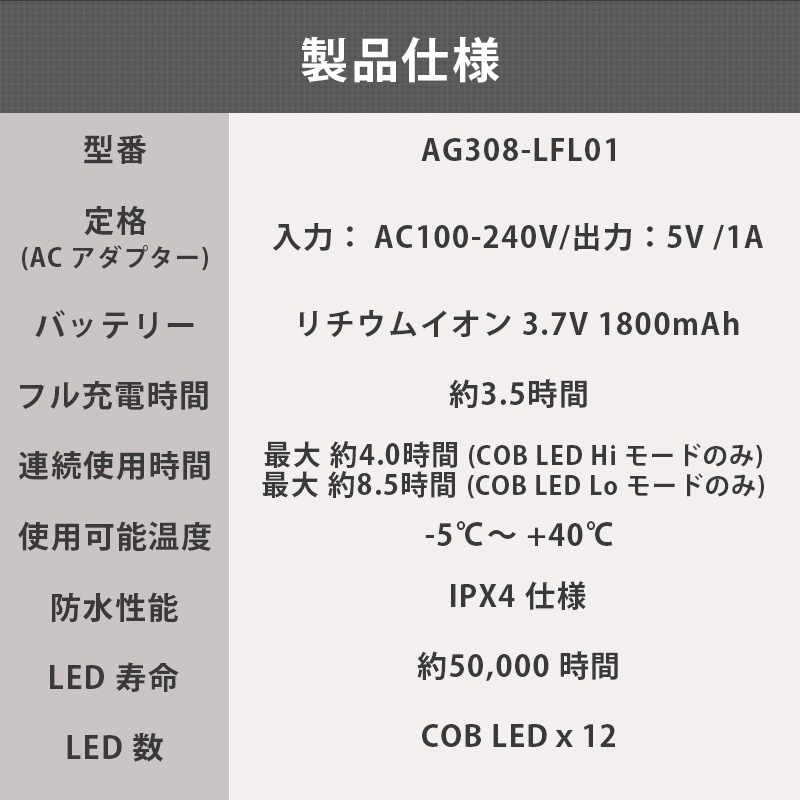 【ユニマットマリン｜ハンディライト通販】＜取り寄せ＞ELUT LEDフラットライト AG308-LFL01 / 薄型 軽量 リチウムイオン充電式 防水IPX4