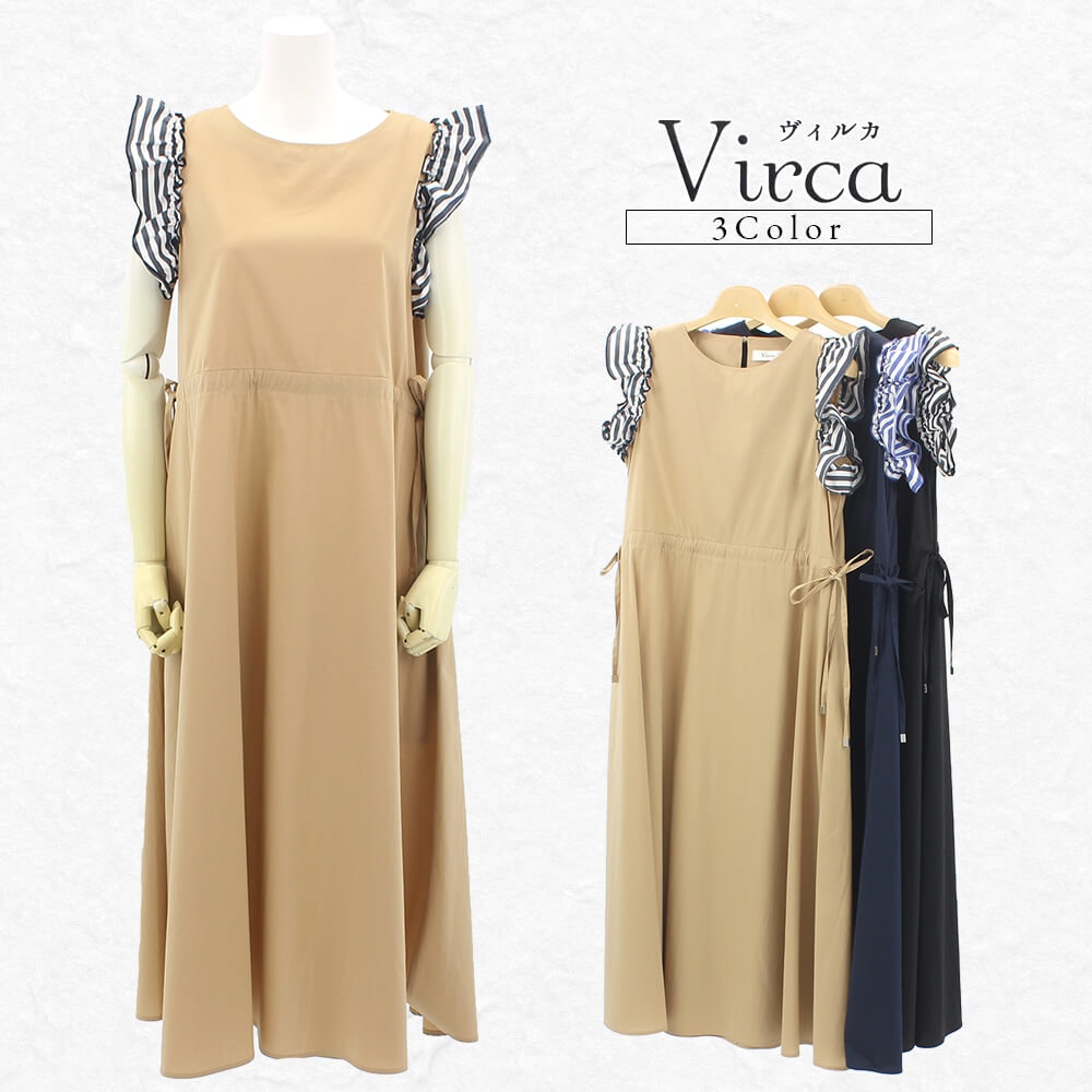 【クリアランスセール 50％OFF】ヴィルカ Virca ワンピース レディース セール ボーダー フリル ギャザー フレンチスリーブ クルーネック カジュアル ドレッシー フェミニン ...