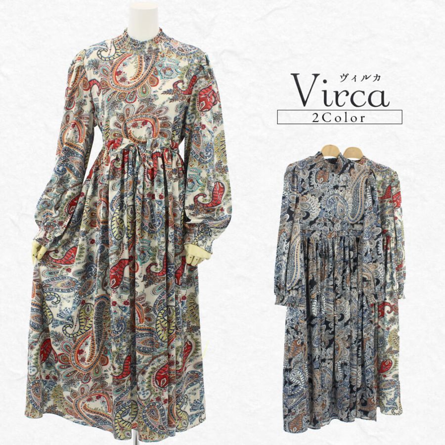 【イベント対象商品】ヴィルカ Virca ワンピース レディース ペイズリー 柄物 とろみ ギャザー フレア マキシ丈 カジュアル ドレッシー ...