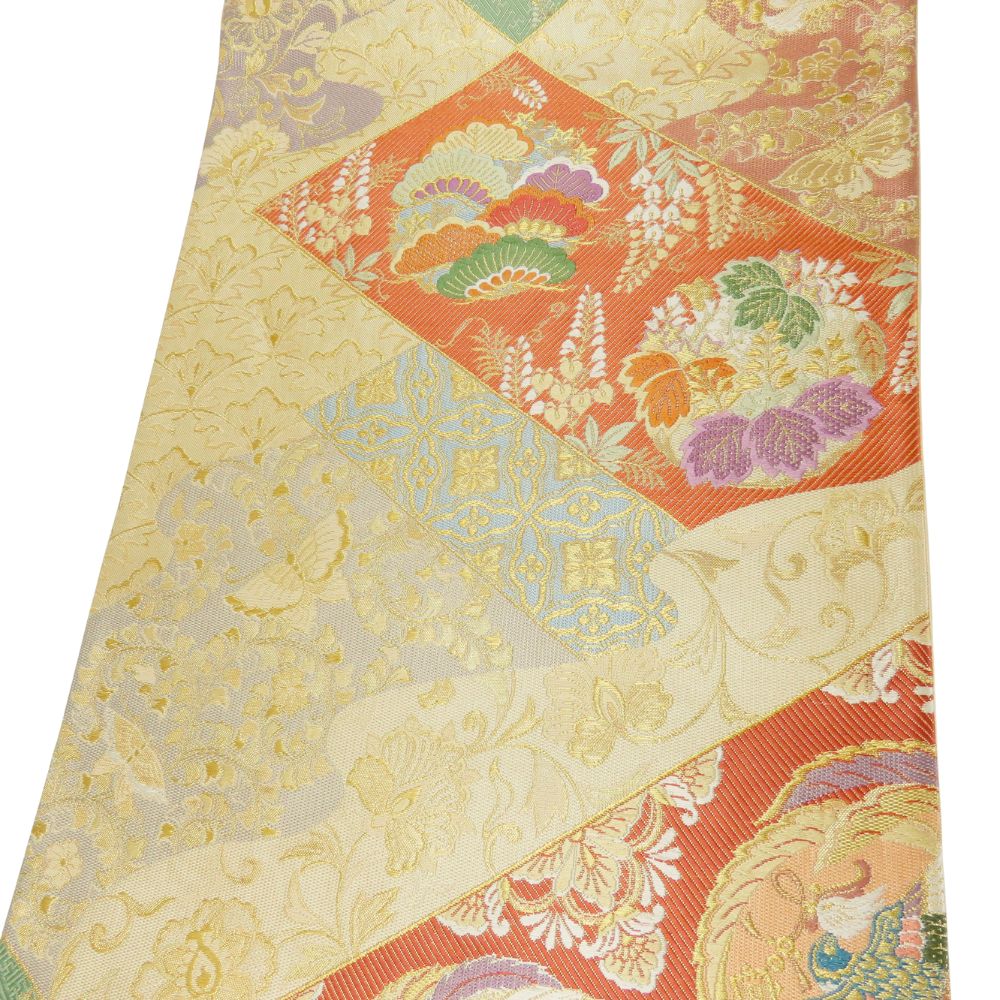 中古】 袋帯 六通柄 吉祥文様 正絹(金銀糸除く) 金糸 ゴールド系