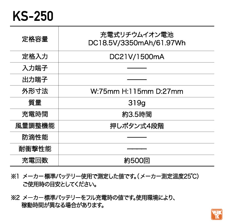 [2025年新作] クロダルマ KS-250 ファンバッテリーフルセット 最大20V 空調作業服 空調ウェア 電動ファン ファン付きウェア 暑さ対策 涼しい エアーセンサー kd-ks250 ...