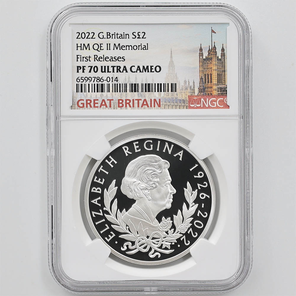 2022 英国 エリザベス2世女王陛下 追悼記念 2ポンド 1オンス 銀貨 プルーフ NGC PF 70 UC FR 初鋳版 最高鑑定 完全未 ...