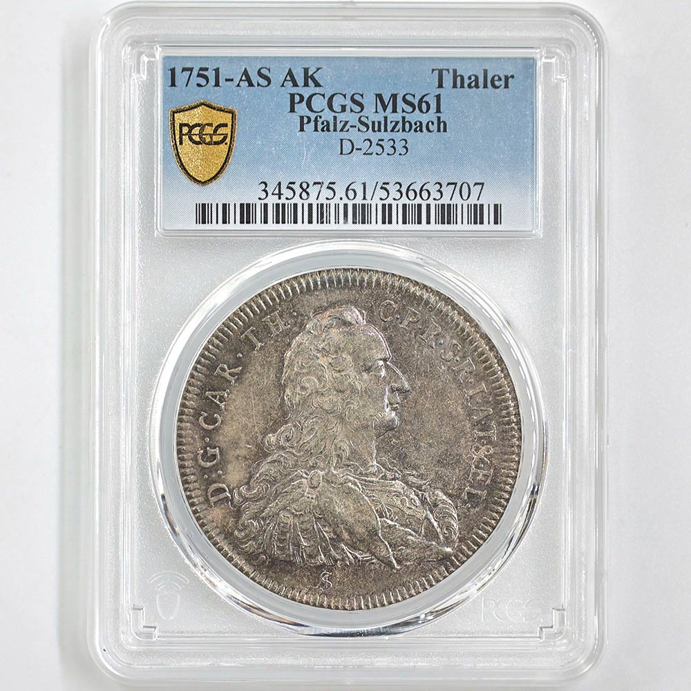 1751 ドイツ プファルツ＝ズルツバッハ カール・テオドール 1ターラー 銀貨 PCGS MS 61 最高鑑定 準未使用品 | ドイツ ...