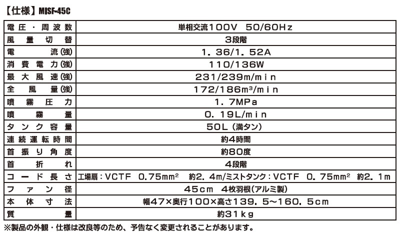 ユアサプライムス.com｜ナカトミ 台車式ミストファン MISF-45C 単相100V 自動首振り 工場扇 全閉式 業務用扇風機 ノズル噴霧式 ミスト発生機 工具不要 大型タンク キャスター ...