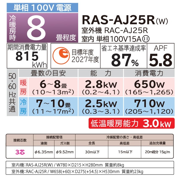 日立 HITACHI ルームエアコン RAS-AJ25R(W) 白くまくん AJシリーズ 主に 8畳用 2.5kw スターホワイト 単相100V 取り付け工事費別です RASAJ25RW の ...