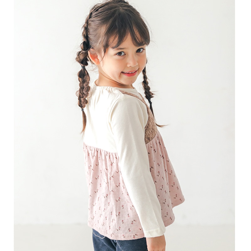 子供服 女の子 長袖 Tシャツ トップス ロンT ガールズ キッズ ベビー 小花柄 花柄 ロンt 子ども服 こども服 tシャツ 切替 重ね着風 くすみ ナチュラル ガーリー かわいい おしゃれ ...